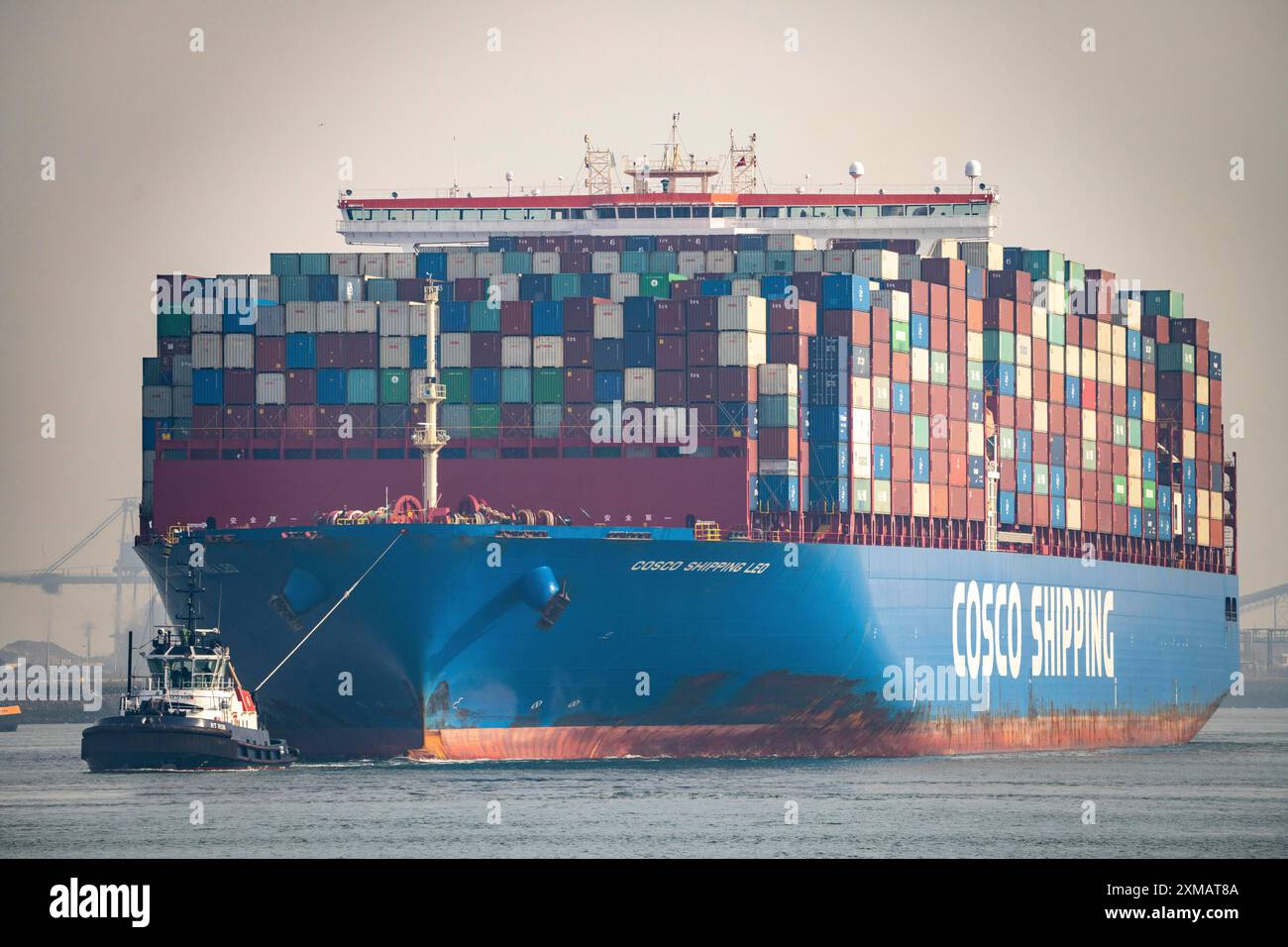 Harbour tug brings the container freighter Cosco Shipping Leo to its ...