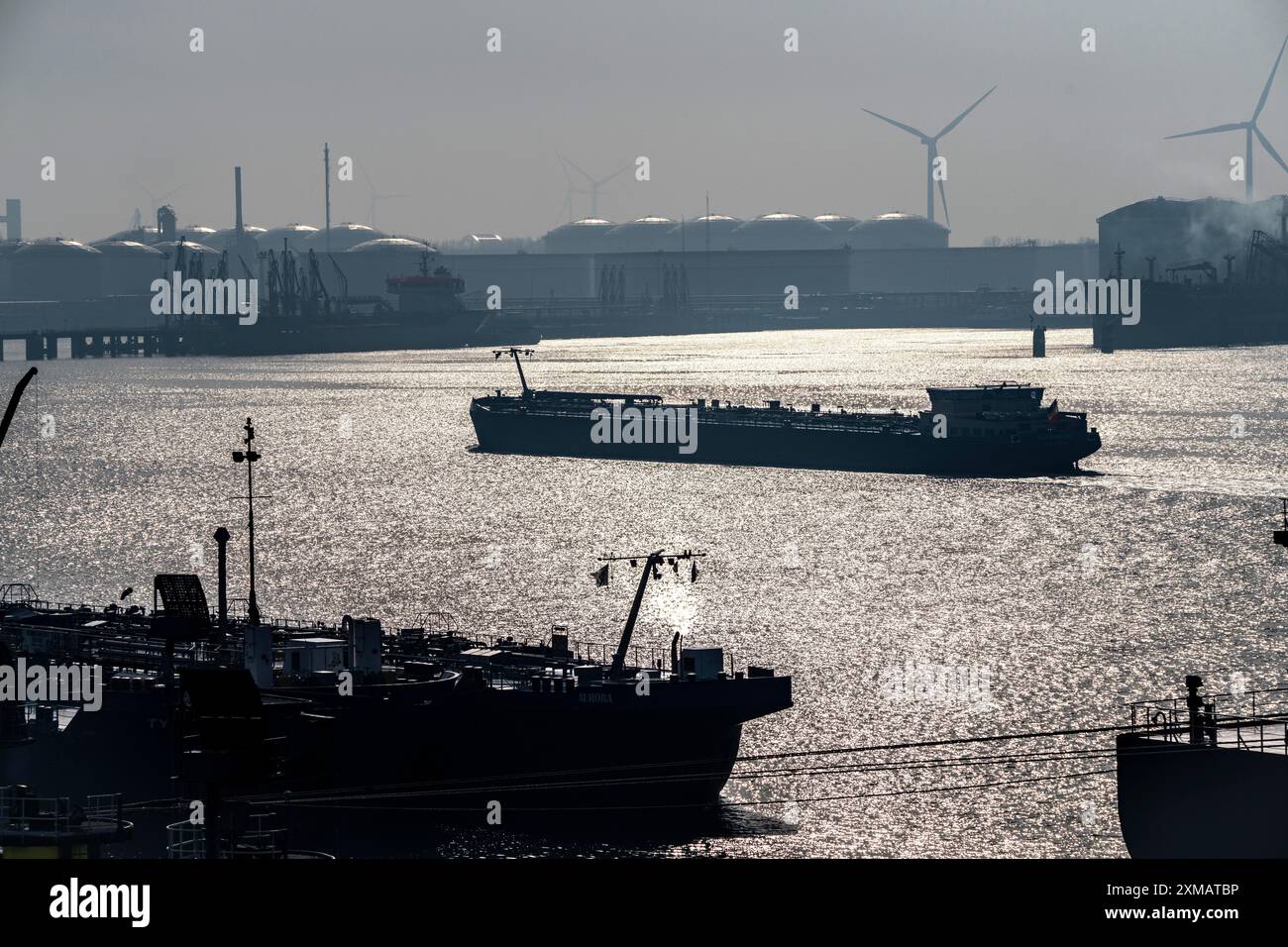 Cargo ships, tankers in the seaport of Rotterdam, in the petroleum ...