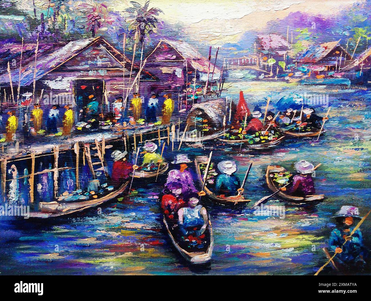 Hand drawn Art painting Oil color Floating market dumnoen saduak from ...