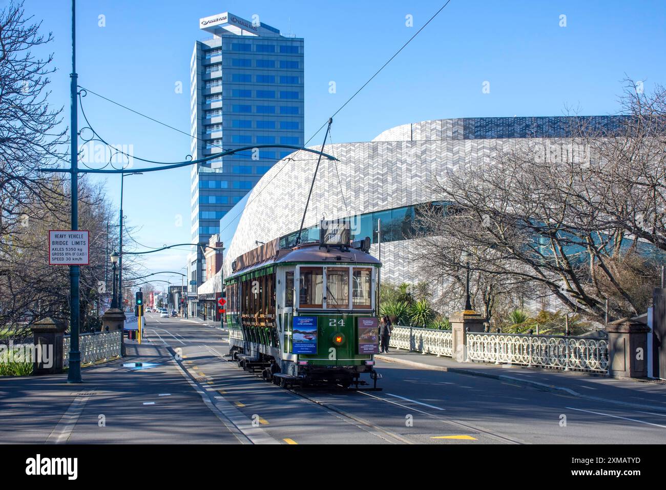 City Tour Tram passing Te Pae Christchurch Convention Centre, Armagh ...