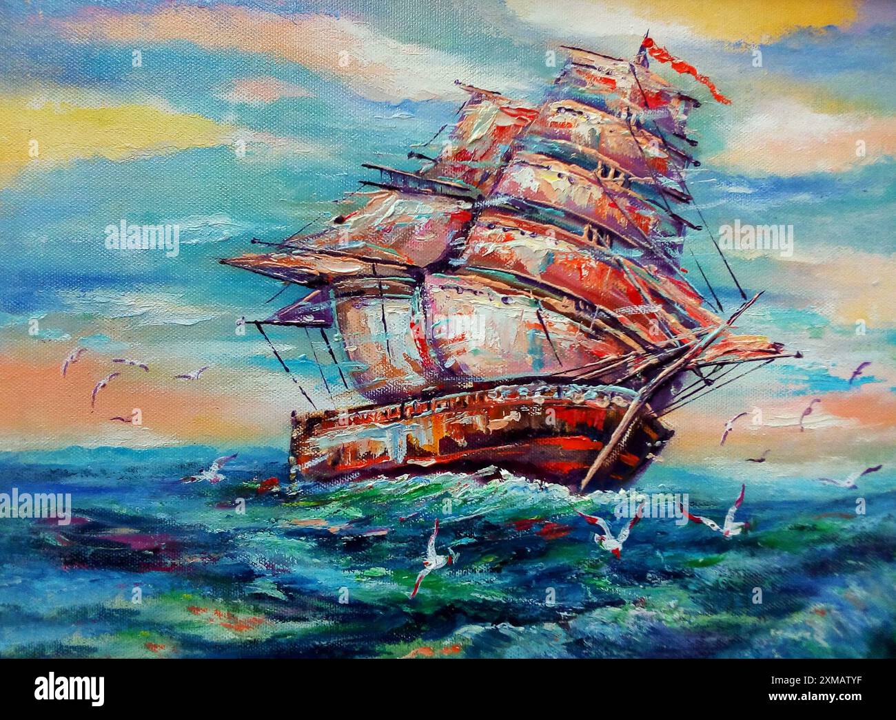 art oil painting sailboat , barque in sea from thailand , junk boat ...