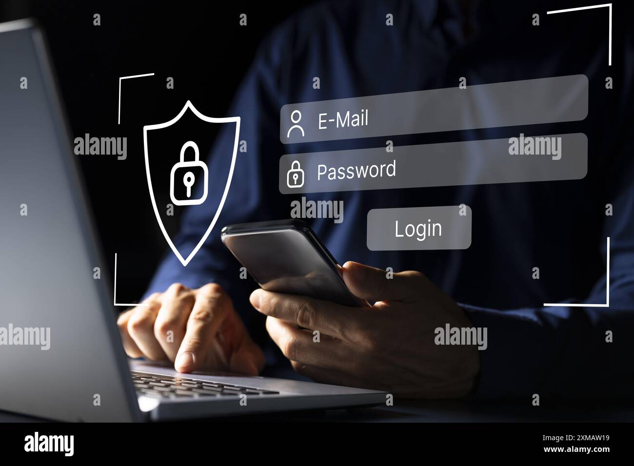 Tech-savvy young man typing on laptop for secure login into social ...