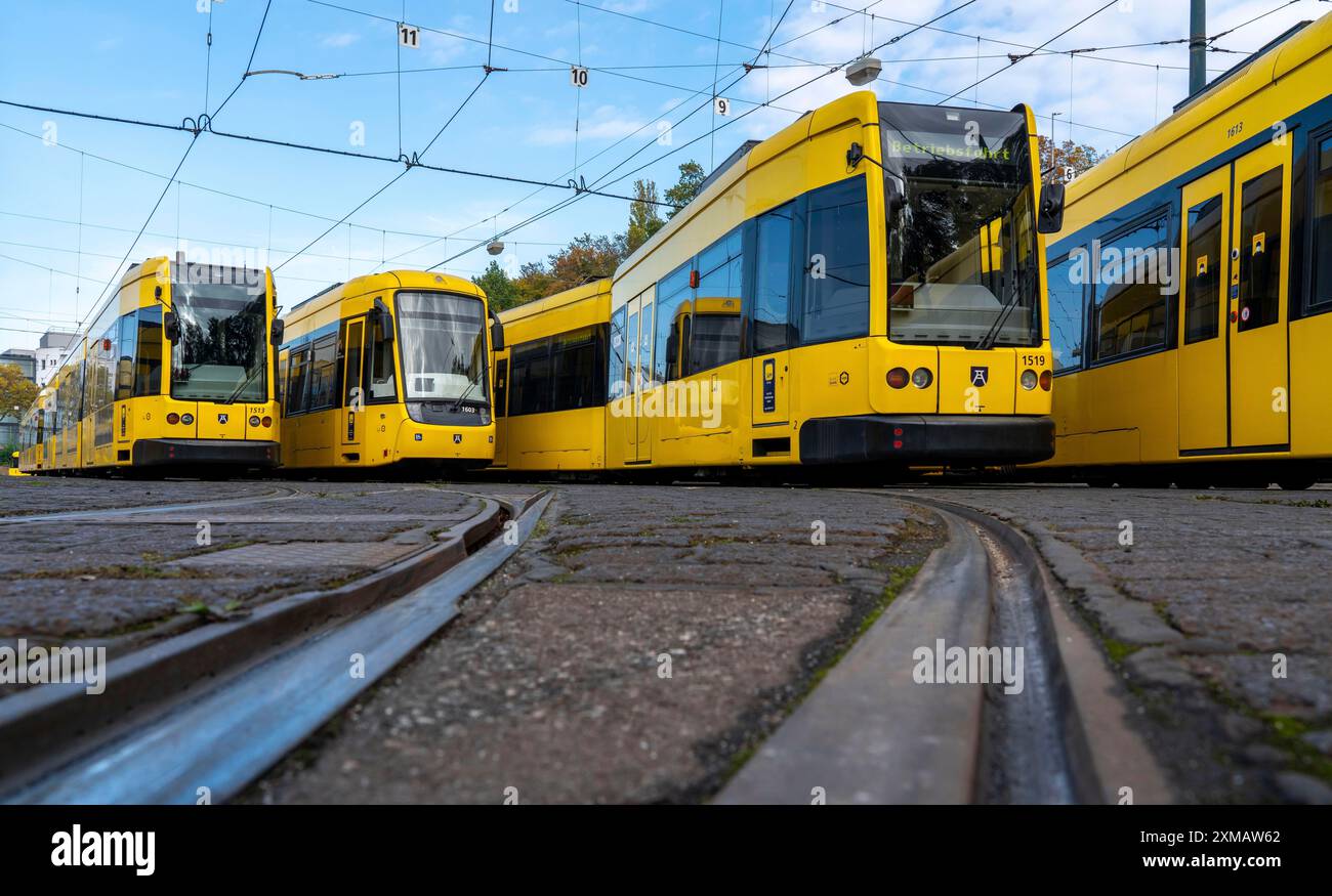 Bus and tram depot of the Ruhrbahn in Essen, all trams remained in the ...