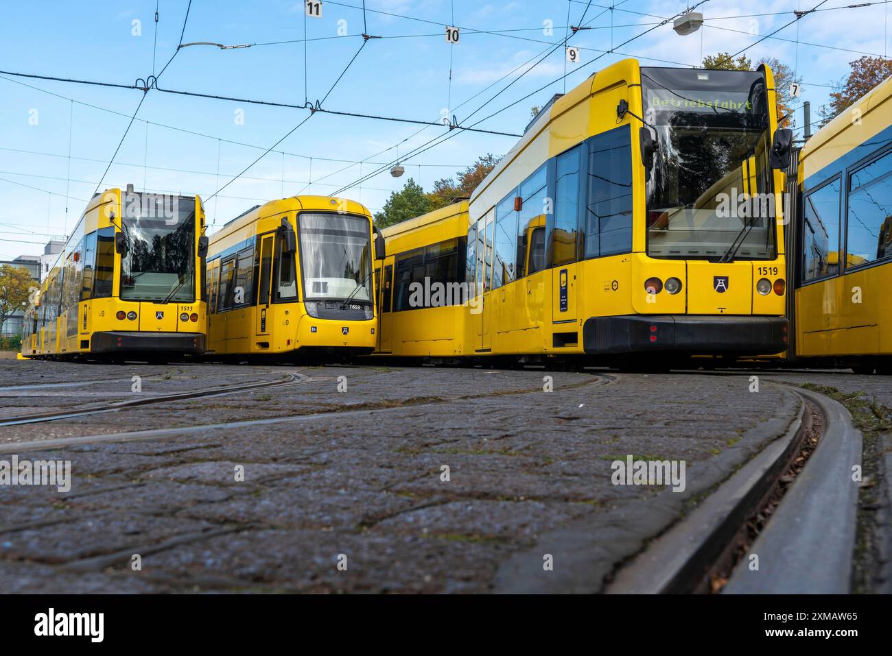 Bus and tram depot of the Ruhrbahn in Essen, all trams remained in the ...