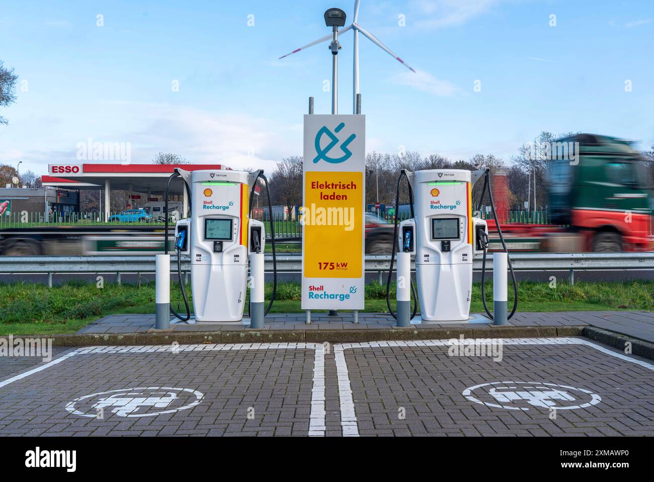 Motorway filling station, electric charging station, Power Charger, Shell Recharge, on the A76 ...