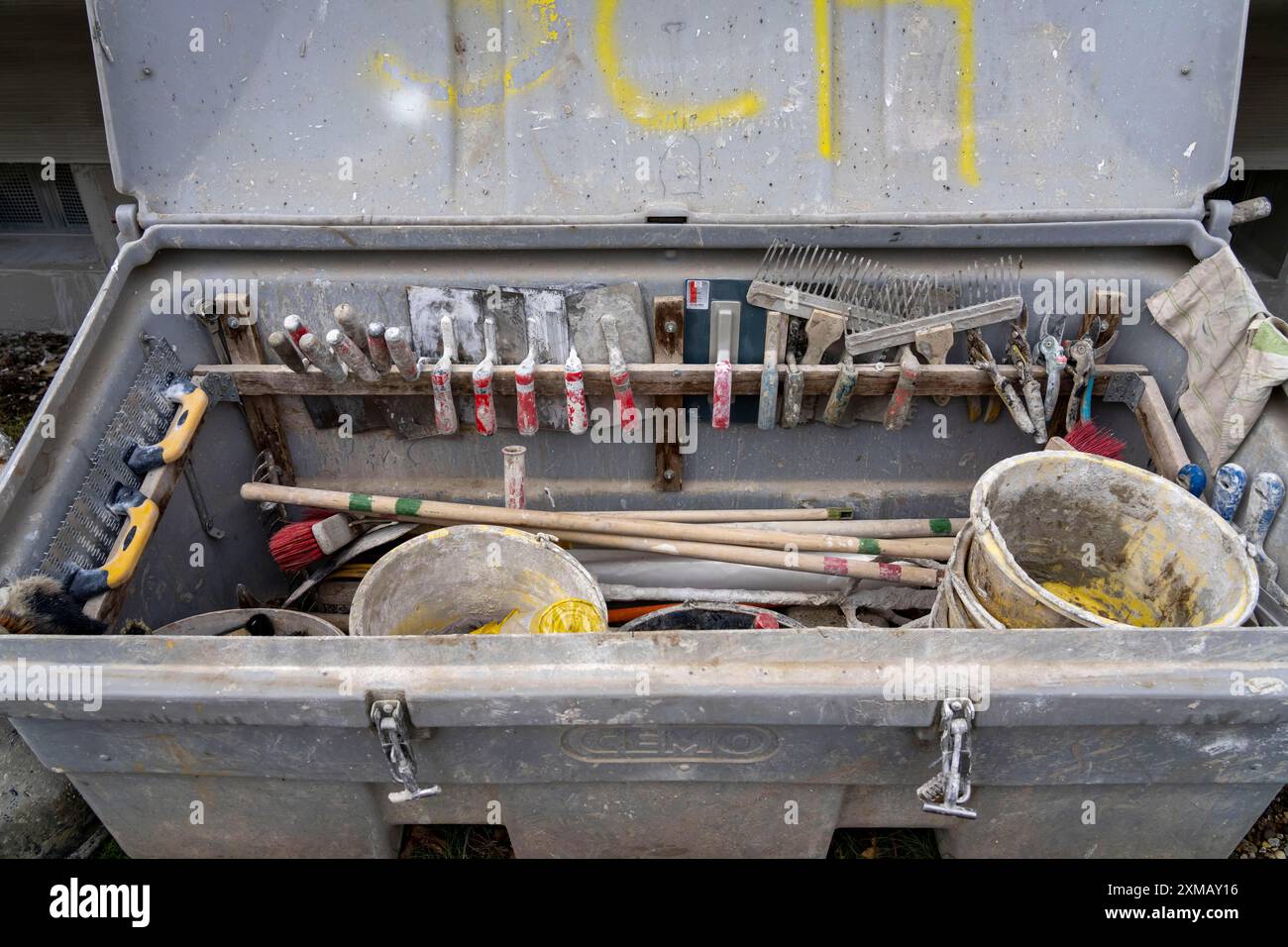 Toolbox of craftsmen, plasterers, bricklayers, drywallers, on a ...