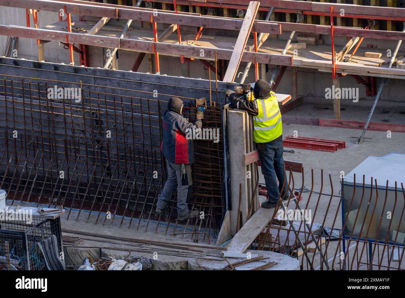 Construction site, reinforced concrete reinforcement bars, motorway ...