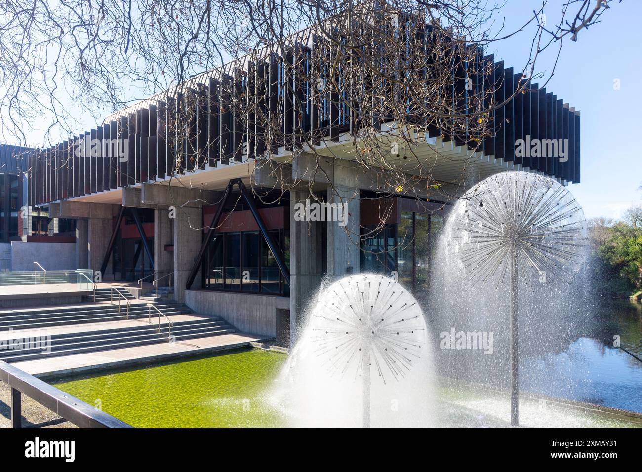 Christchurch Town Hall and fountain across River Avon, Kilmore Street ...