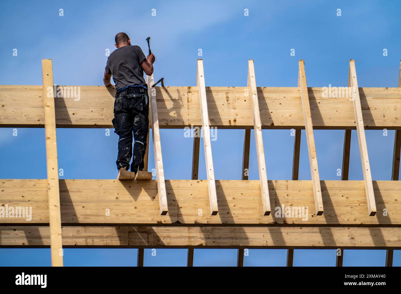 Carpenter, on a roof truss, new construction of a wooden pointed roof ...