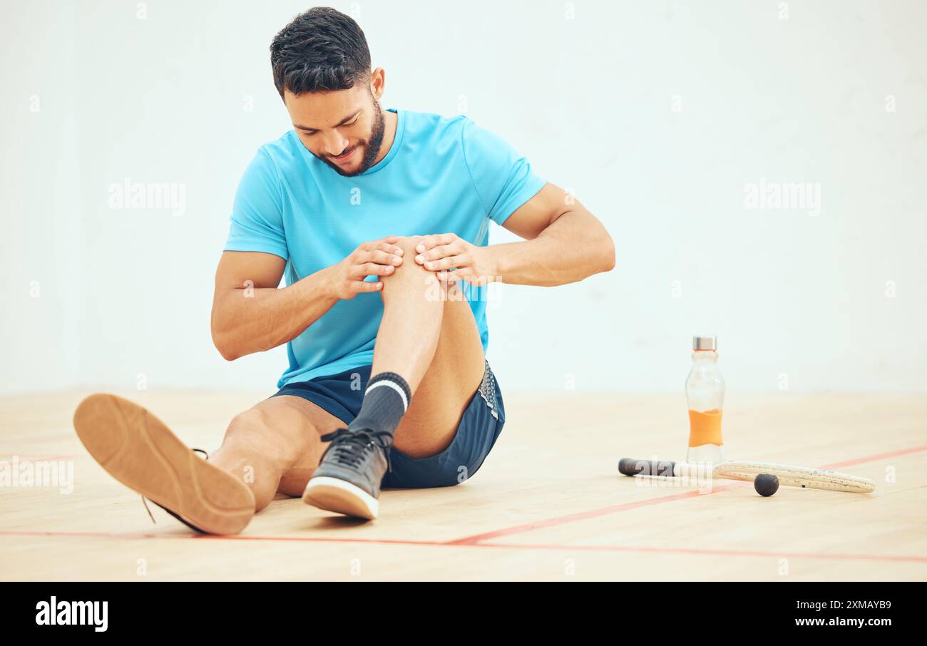 Sports man, floor and knee pain for injury with health risk, medical ...