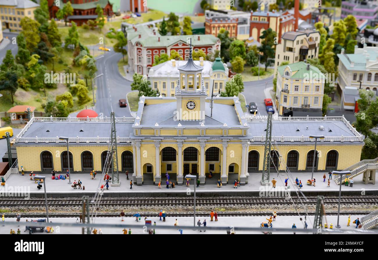 A scaled-down model of the railway station building with a clock tower ...