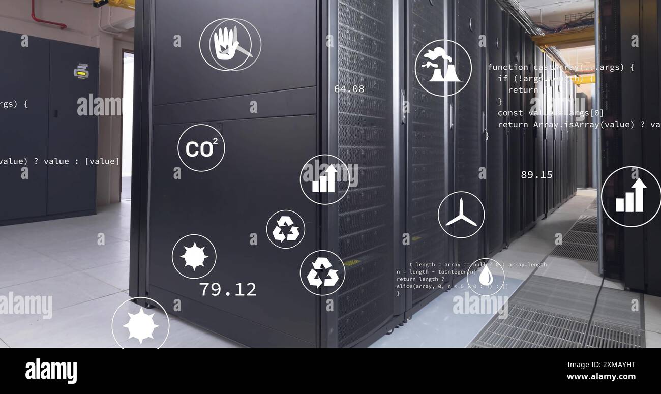 Image of eco icons, digital data processing over computer servers Stock ...