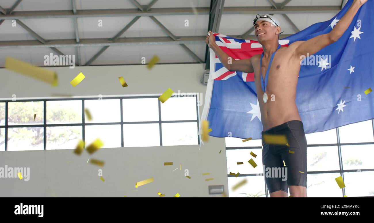 Image of confetti over biracial male swimmer holding flag of australia ...