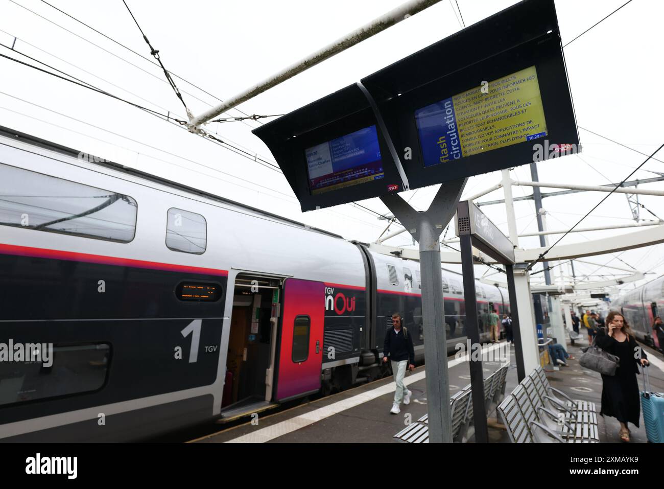 Train stop at the Gare du Mans station in Le Mans, France. France's high-speed rail network (TGC ...