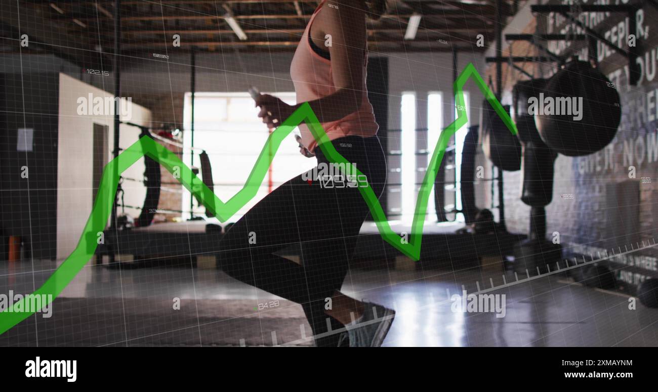 Green financial graph image over person exercising in gym. Finance ...