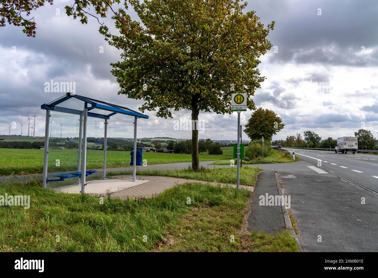 Bus stop in the countryside, on the B68, new, modern bus shelter, line ...