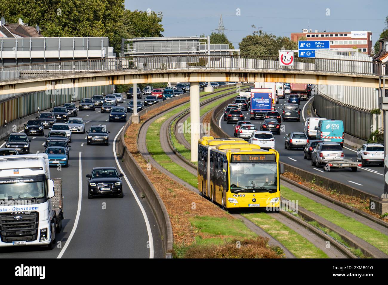 Traffic jam on the A40 motorway, Ruhr expressway, bus lane in the ...