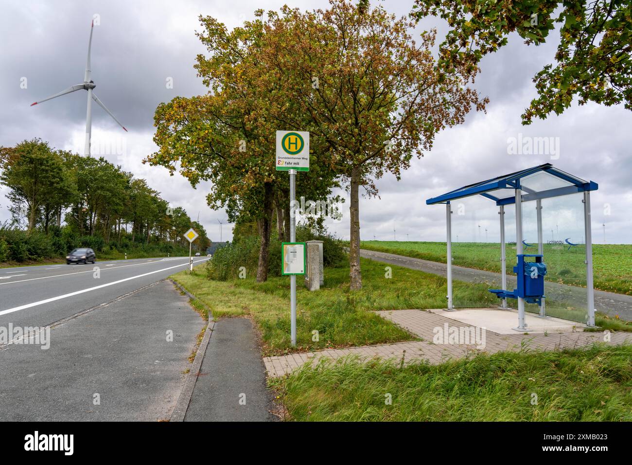 Bus stop in the countryside, on the B68, new, modern bus shelter, line ...