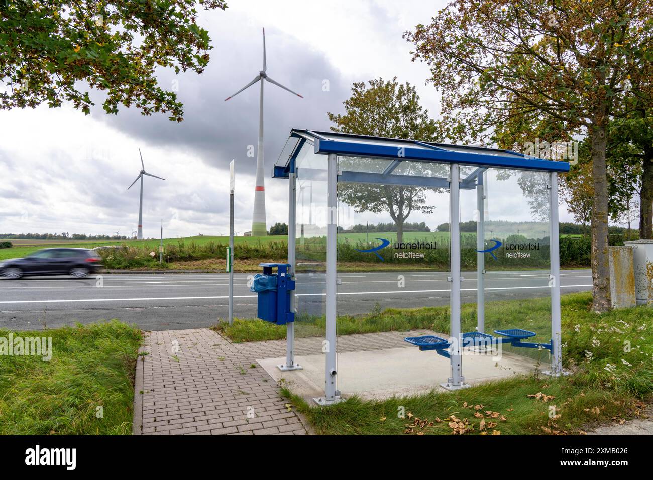 Bus stop in the countryside, on the B68, new, modern bus shelter, line ...