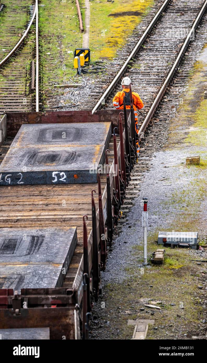 Goods train with steel slabs at the Muelheim-Styrum marshalling yard ...