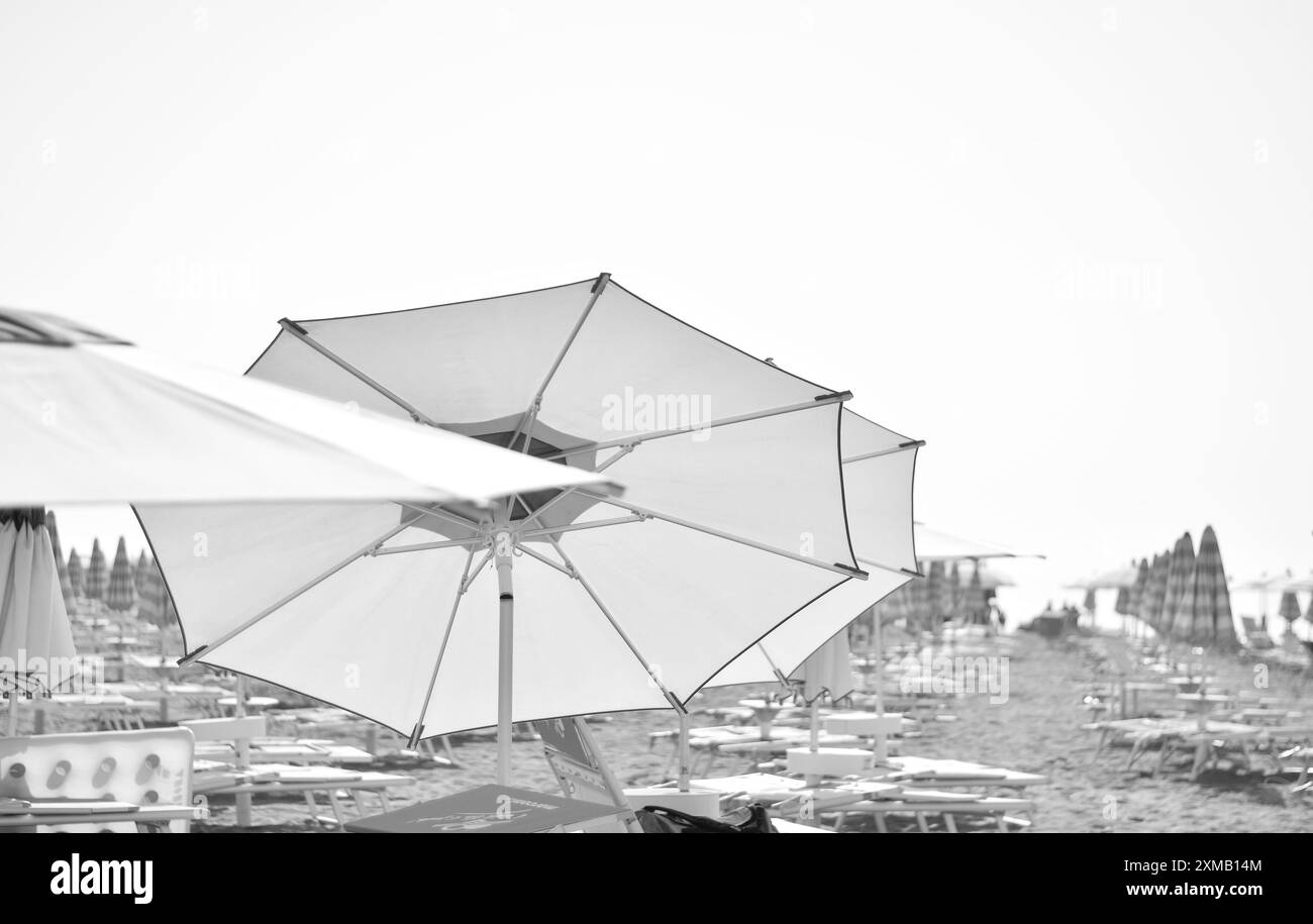 the beach umbrellas begin to open early in the morning Stock Photo - Alamy