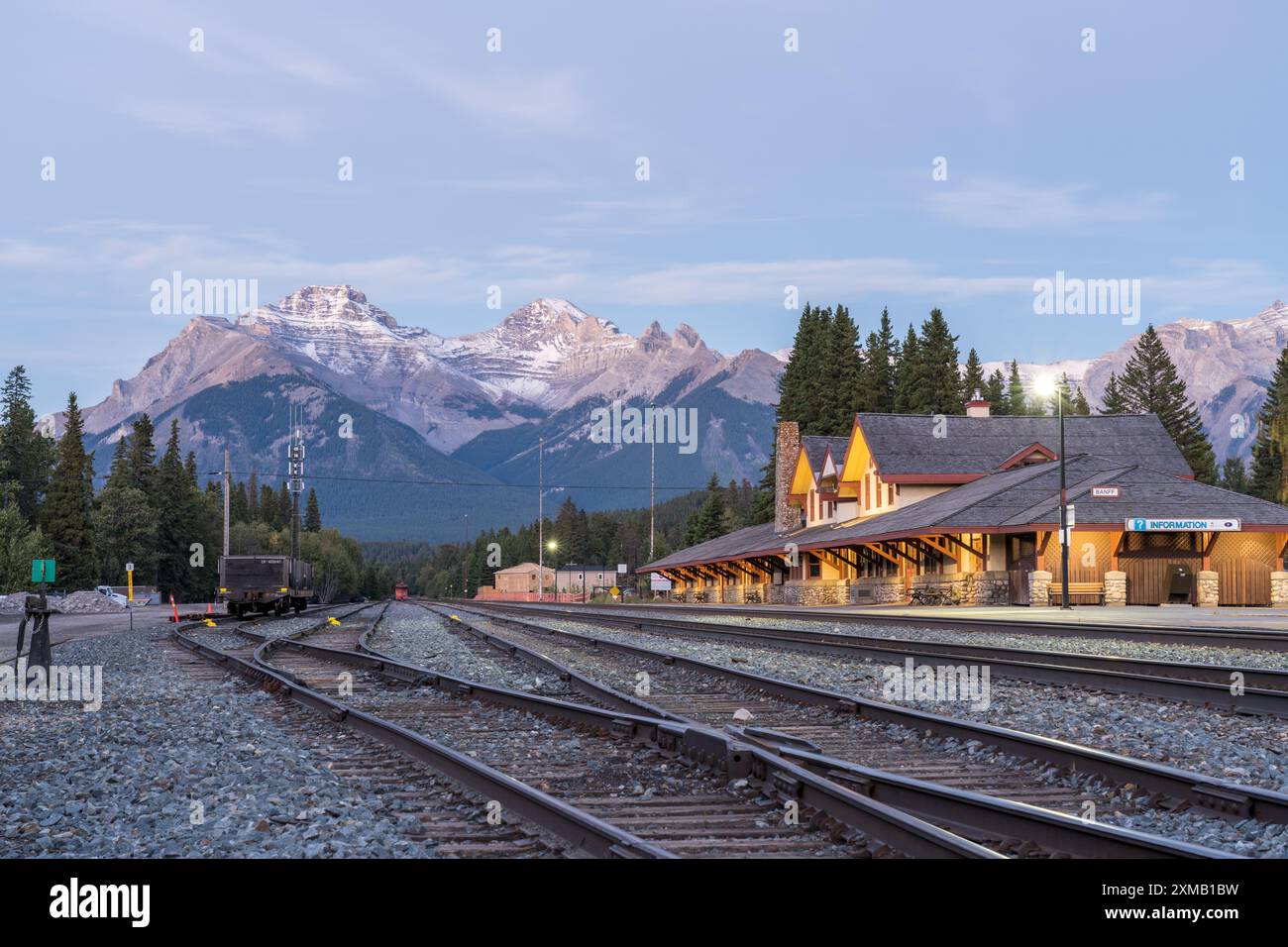 Banff, Alberta, Canada - SEP 08 2020 : Banff Railway Station in summer evening. Banff National ...
