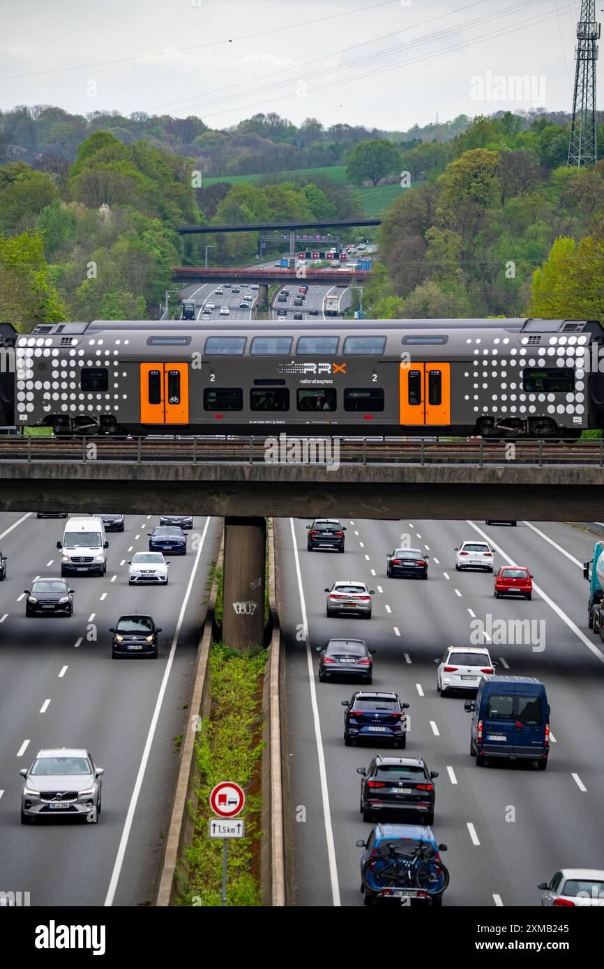 Rhine-Ruhr-Express, RRX train crossing the A3 motorway, traffic on 8 ...