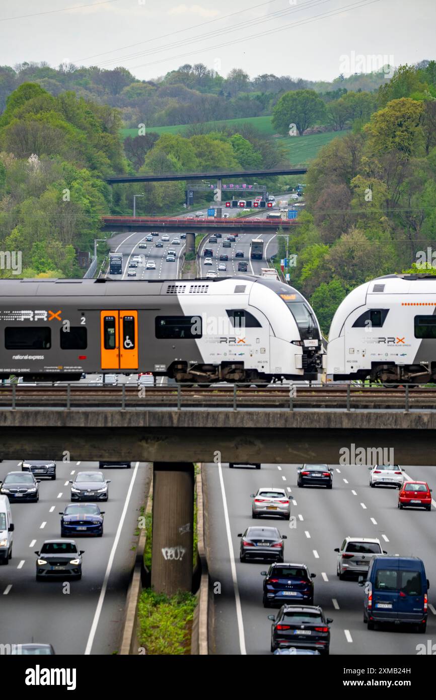 Rhine-Ruhr-Express, RRX train crossing the A3 motorway, traffic on 8 ...