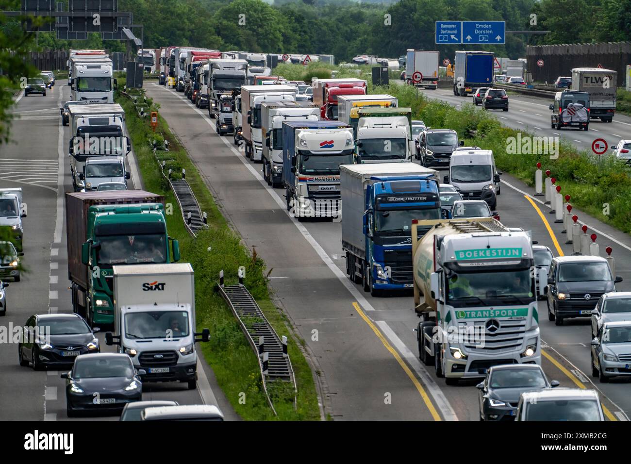 Traffic jam on the A2 motorway near Bottrop, behind the Bottrop ...