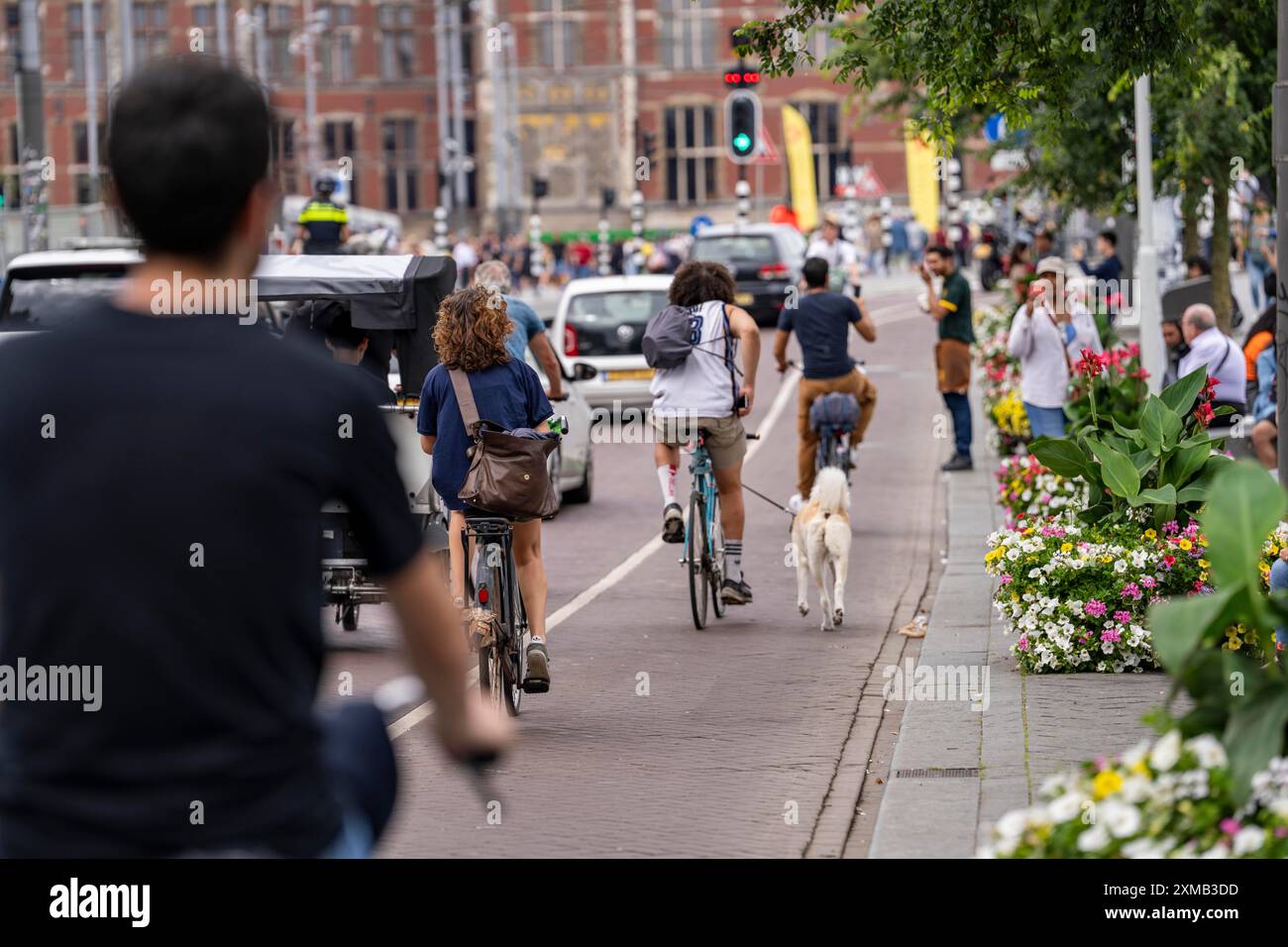 Cycle path on the Damrak shopping street, Amsterdam, Netherlands Stock ...
