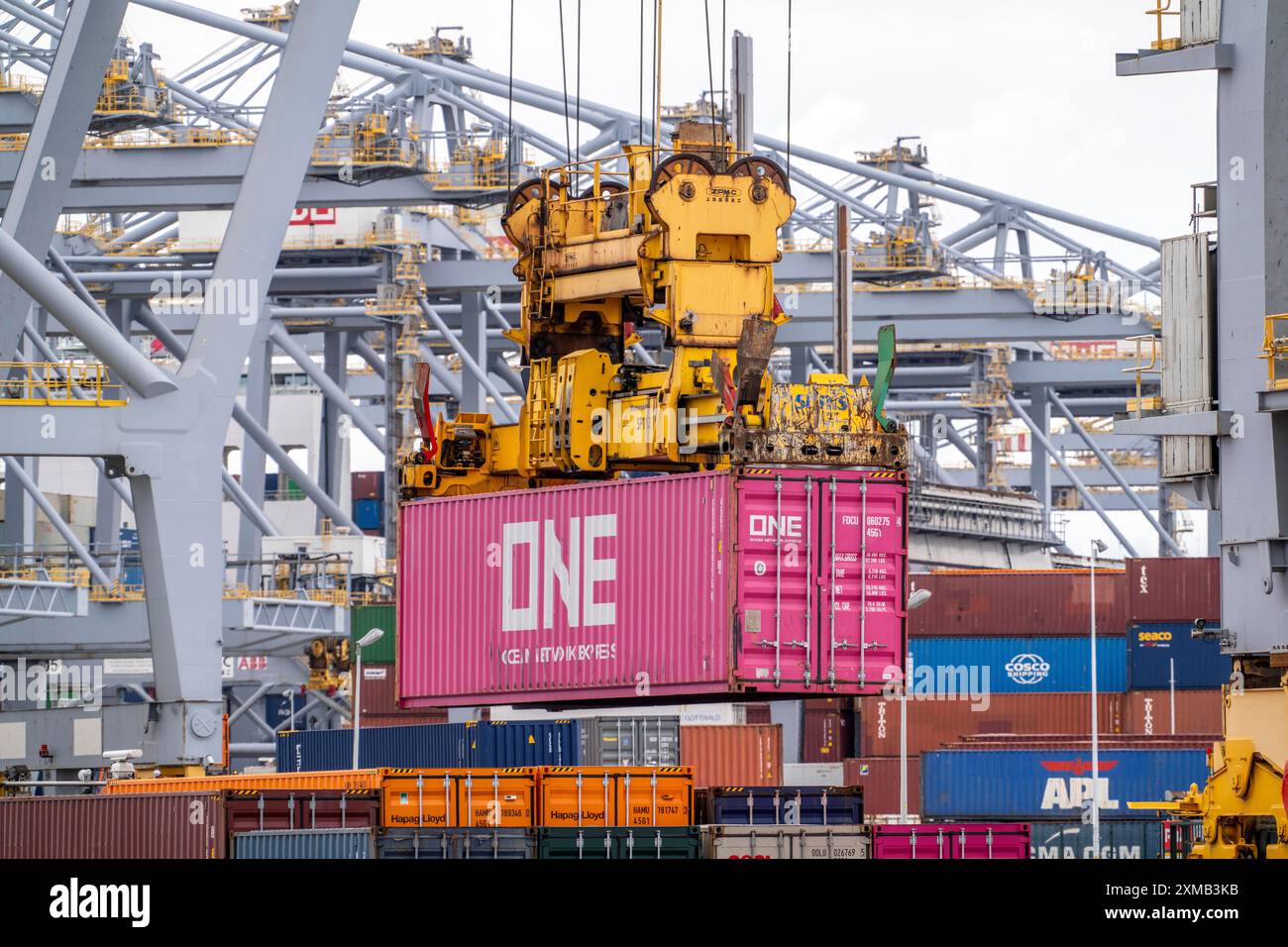 RWG Container Terminal, containers being loaded by crane, seaport of Rotterdam, Maasvlakte 2 ...