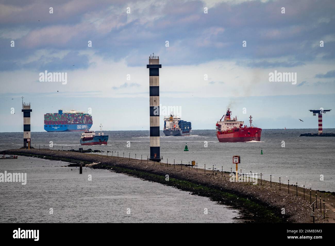 Entrance to the seaport of Rotterdam, various ships, container ...