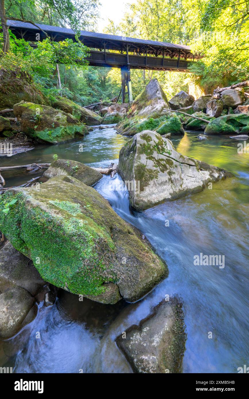The Irrel Waterfalls, rapids in the lower reaches of the Pruem, covered ...