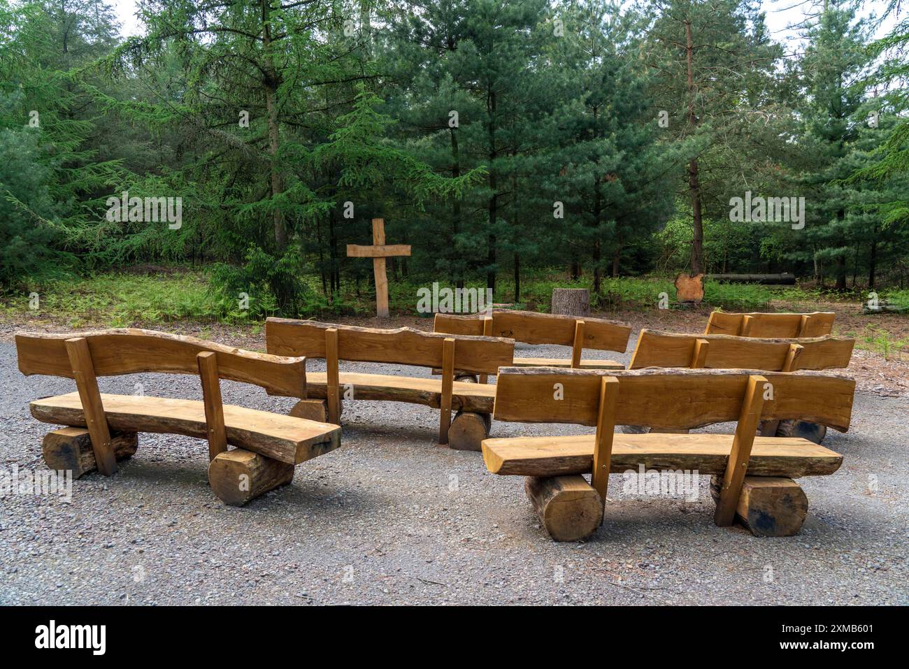 Cemetery forest, place of worship, cross, wooden cross benches, wooden ...