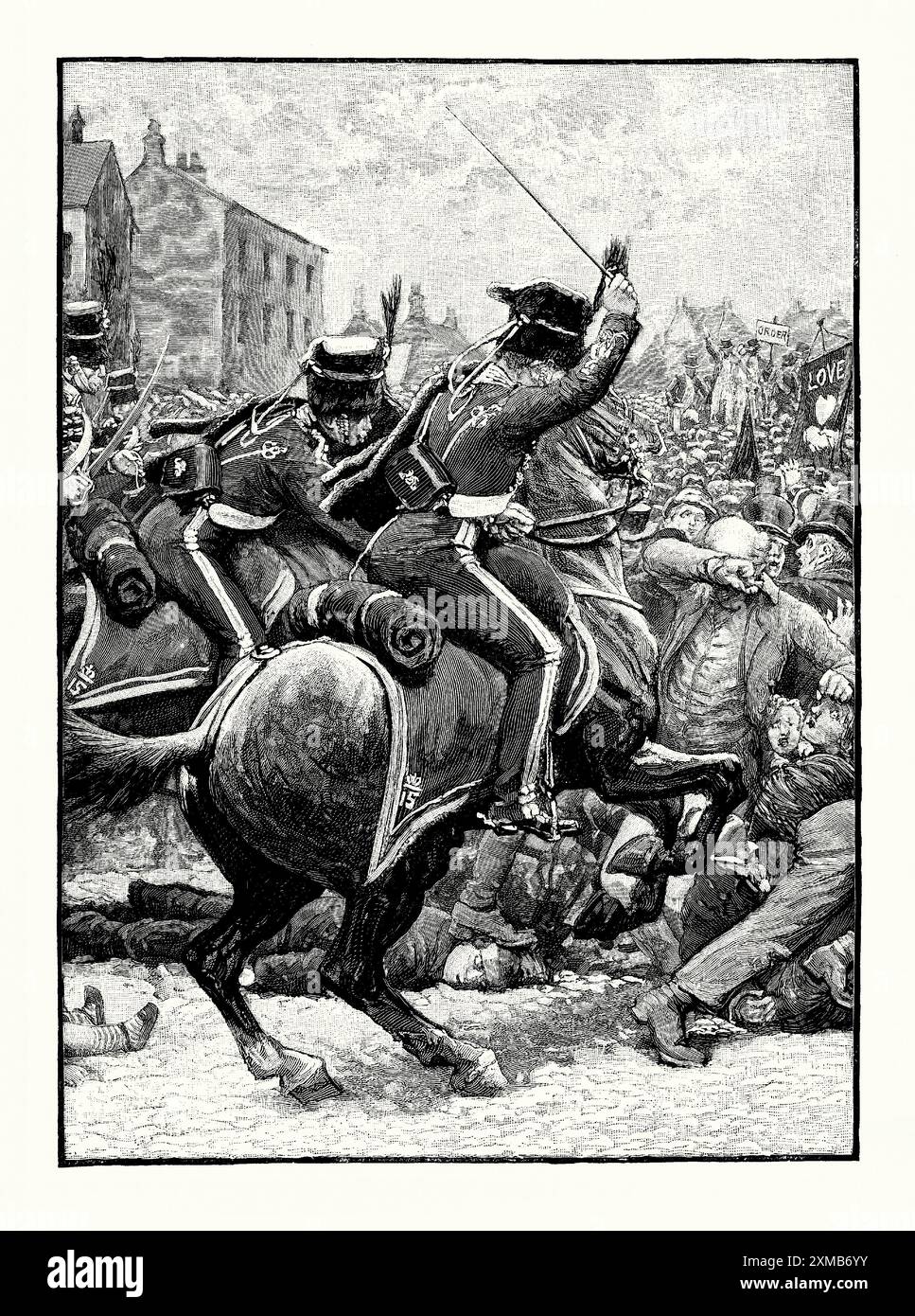 An old engraving of the Peterloo Massacre, Manchester, Lancashire ...