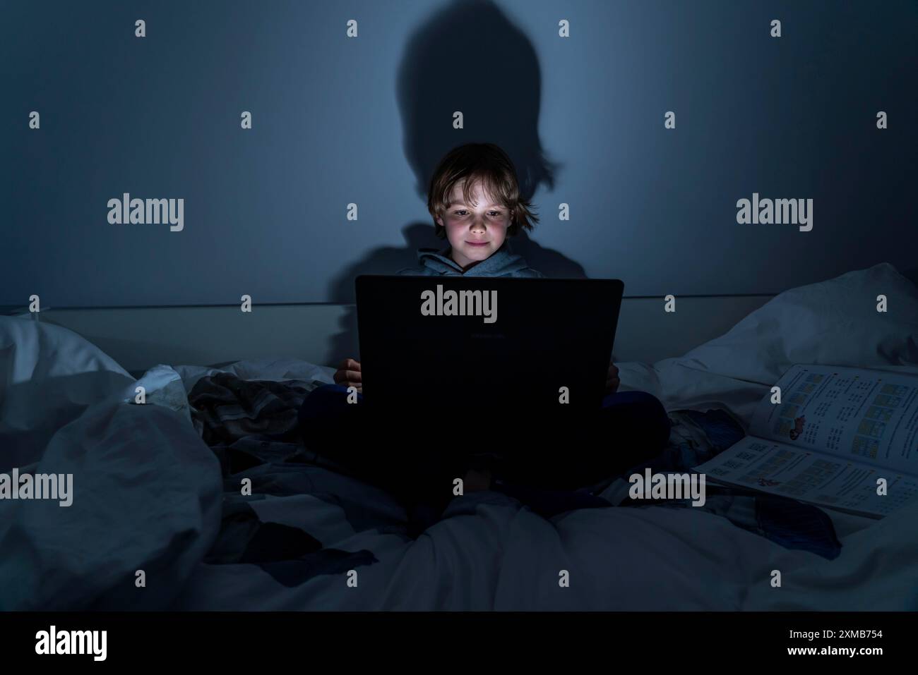 Boy, at home on the computer, laptop, in the children's room, playing a ...