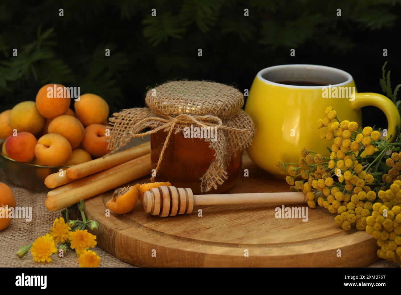 Summer still life picture with coffee, honey, apricots and yellow ...
