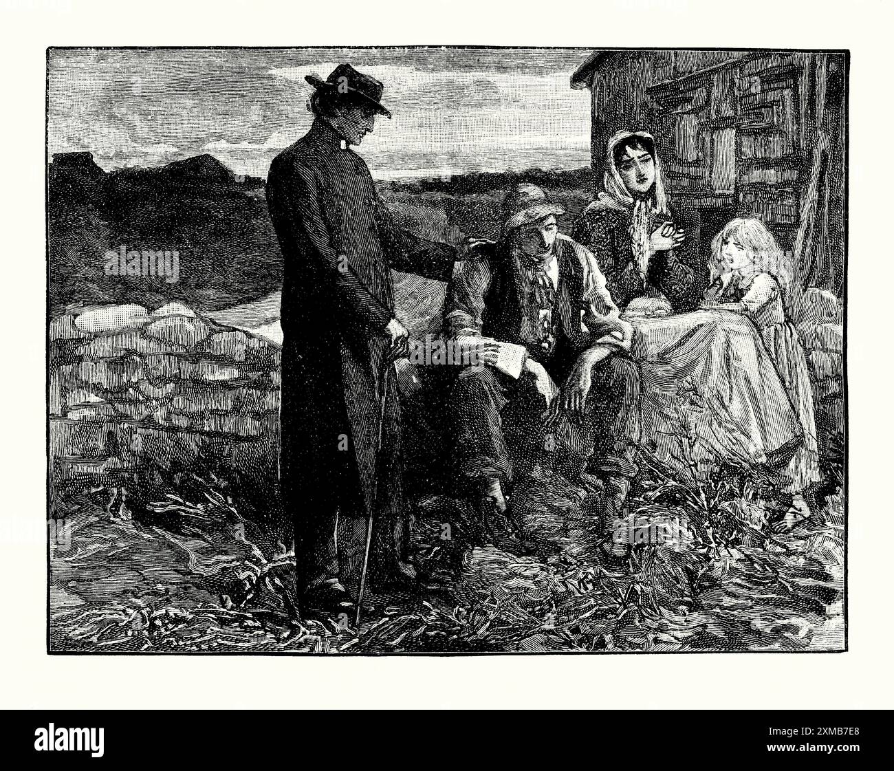 An old engraving of a Catholic priest, Father Mathew, comforting a ...