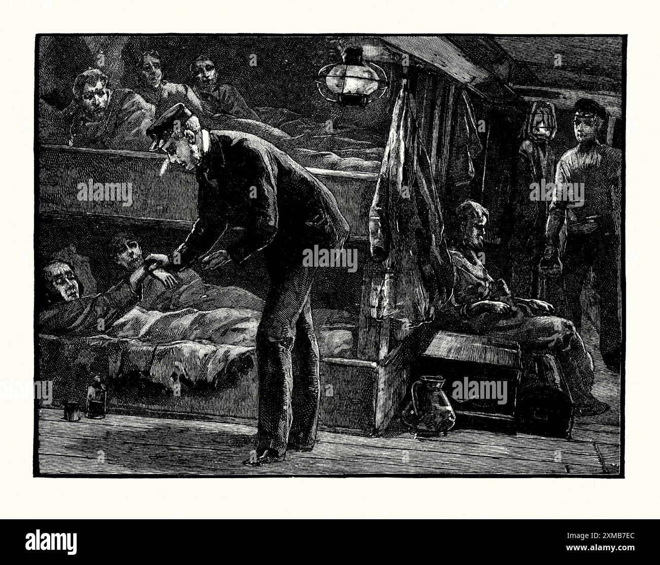 An old engraving of a crew member tending to the sick on board an ...