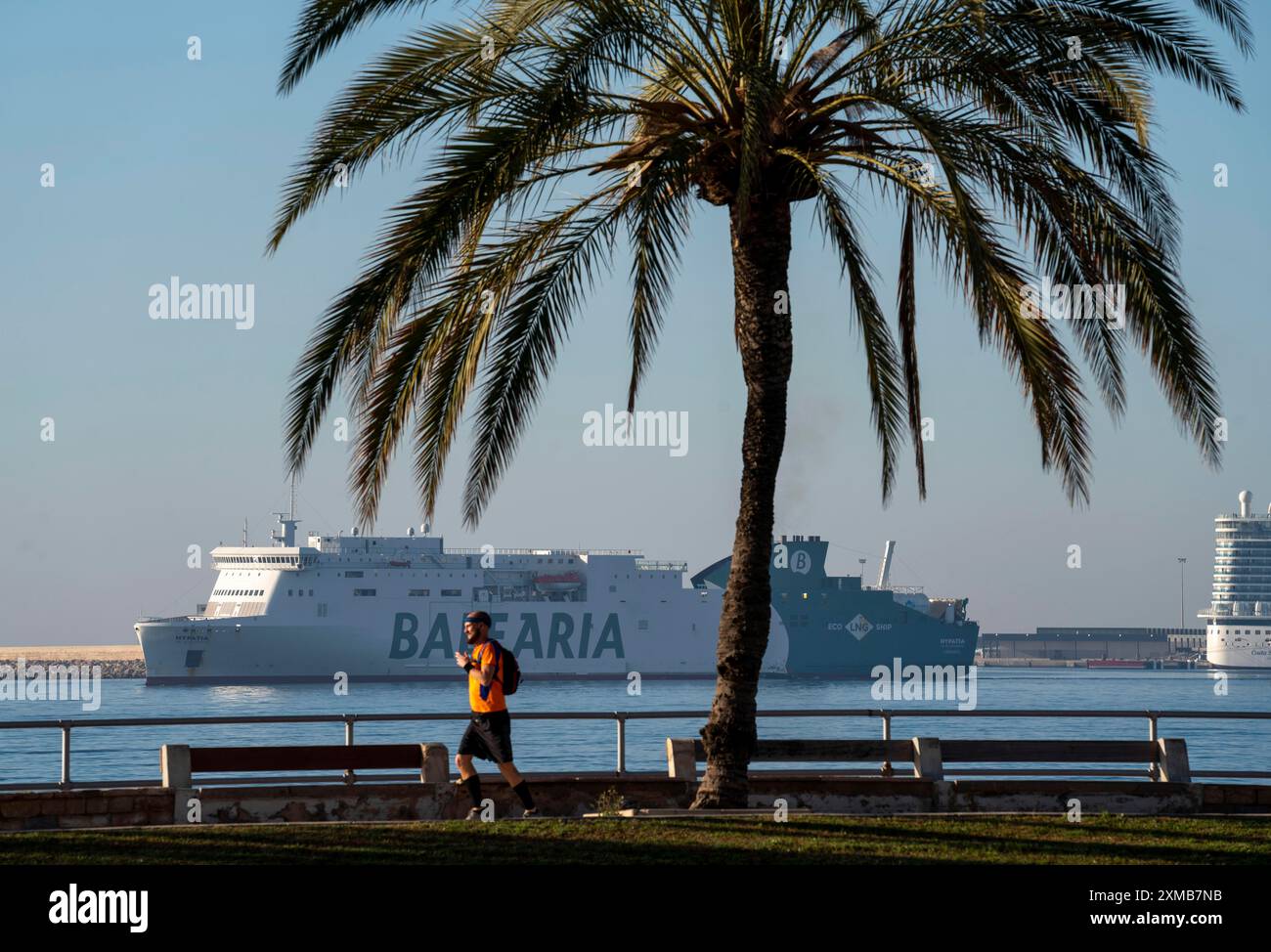 Waterfront promenade, ferries and cruise ship in the bay of Palma de ...