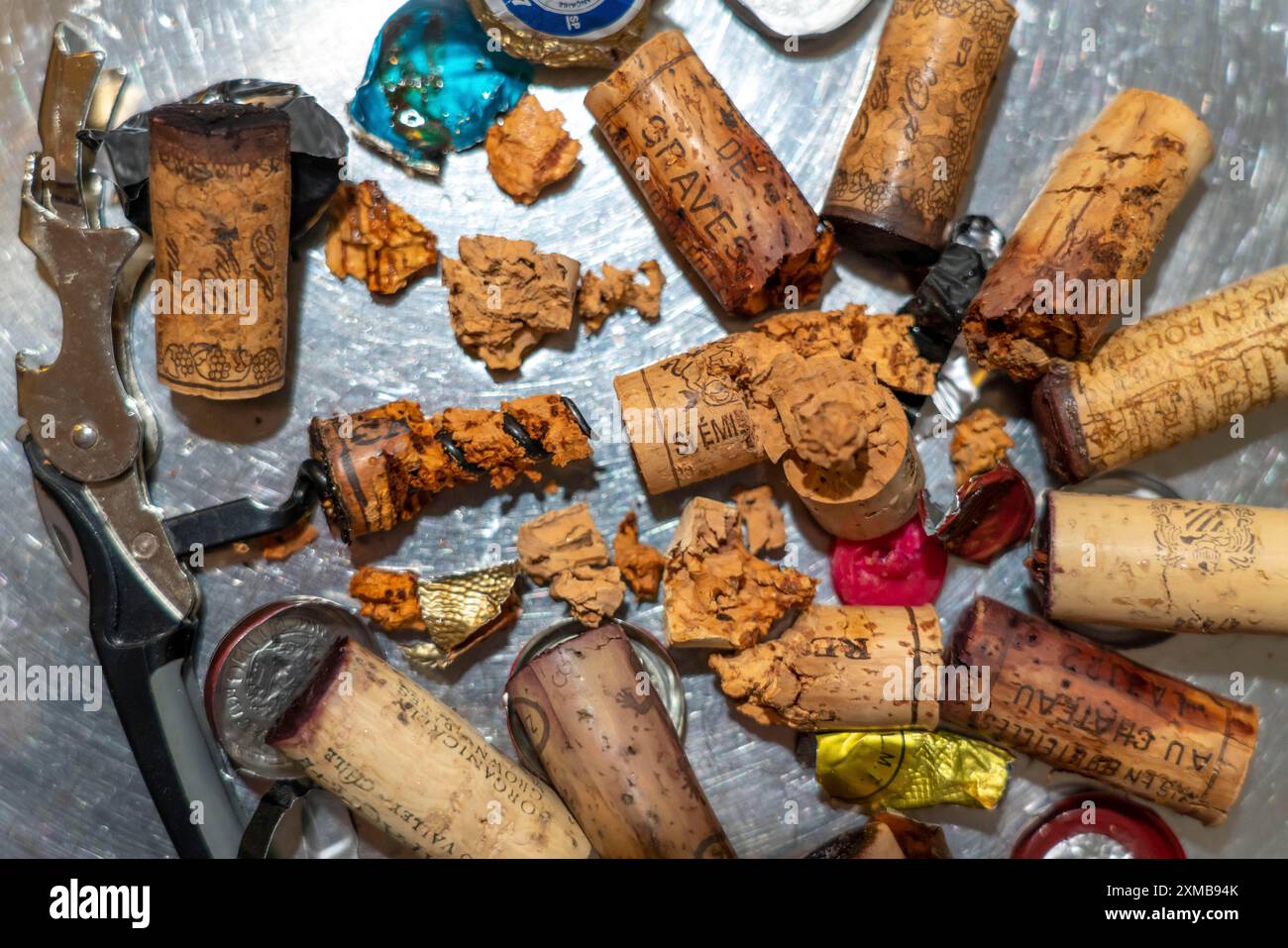 Wine cork, extracted from old, overaged wine bottles, partly crumbly ...