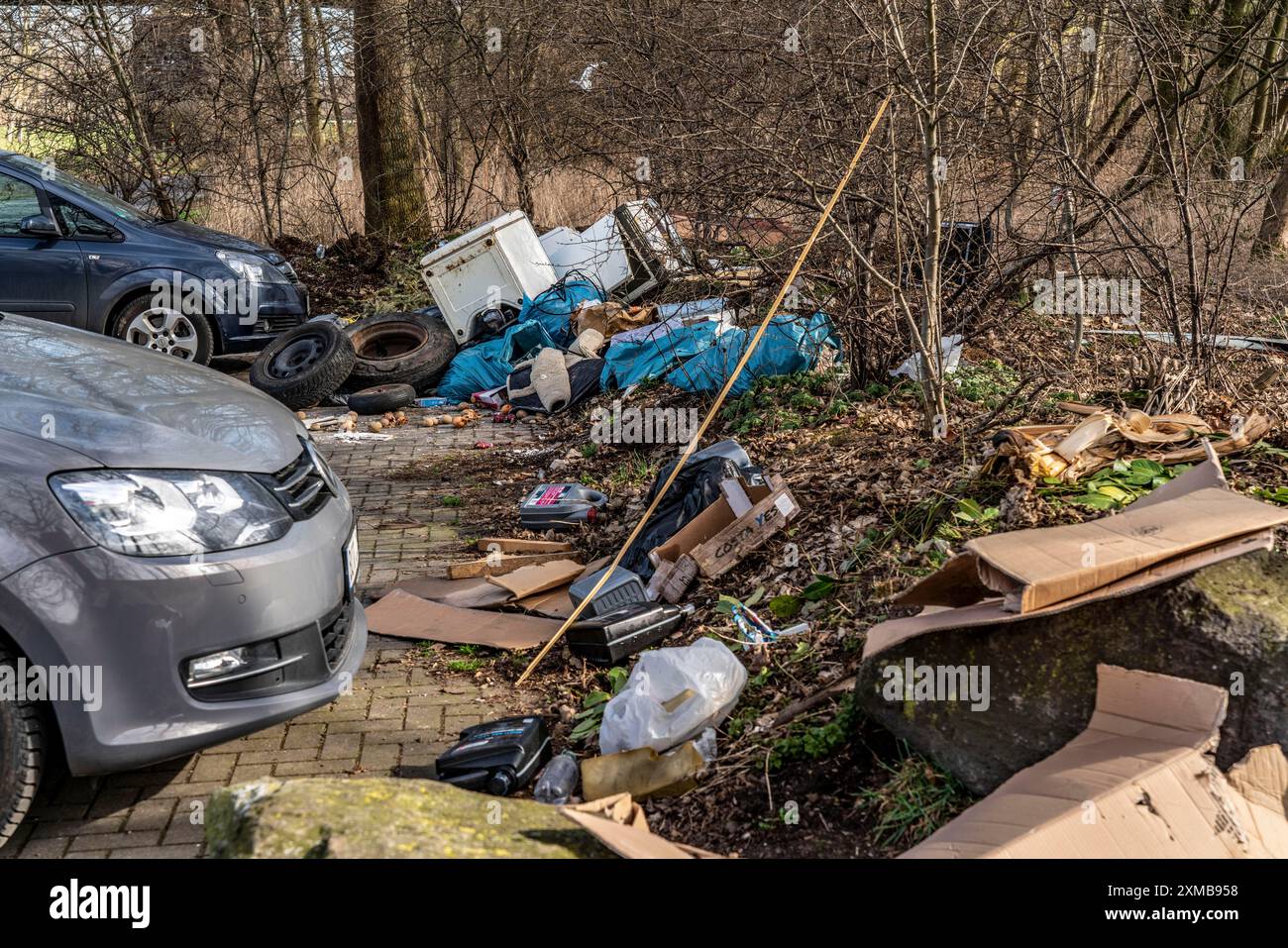 Illegal waste disposal in a car park, in a wooded area, tyres ...