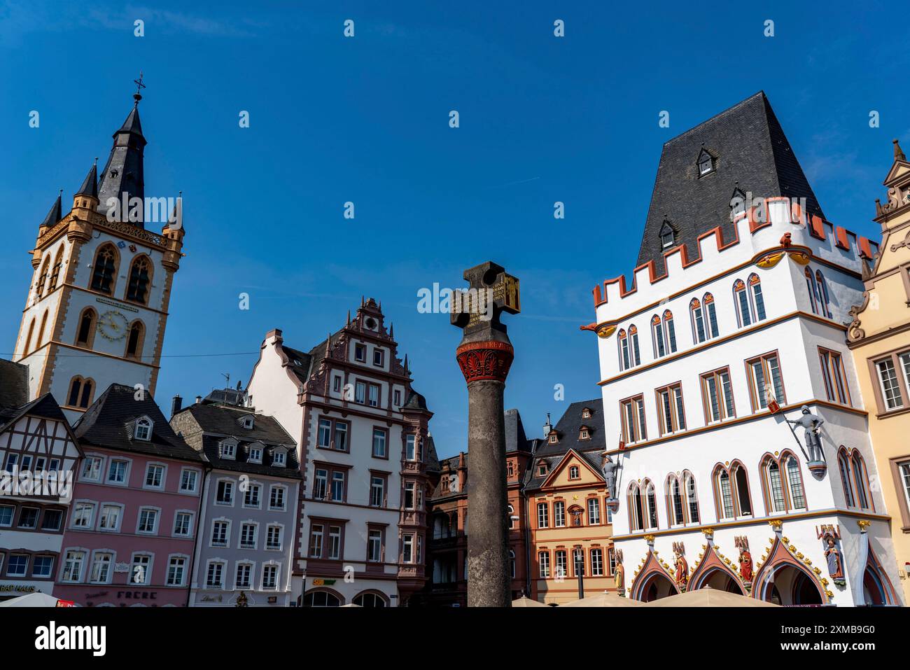 Houses, skyline on the main market square in the city centre of Trier ...