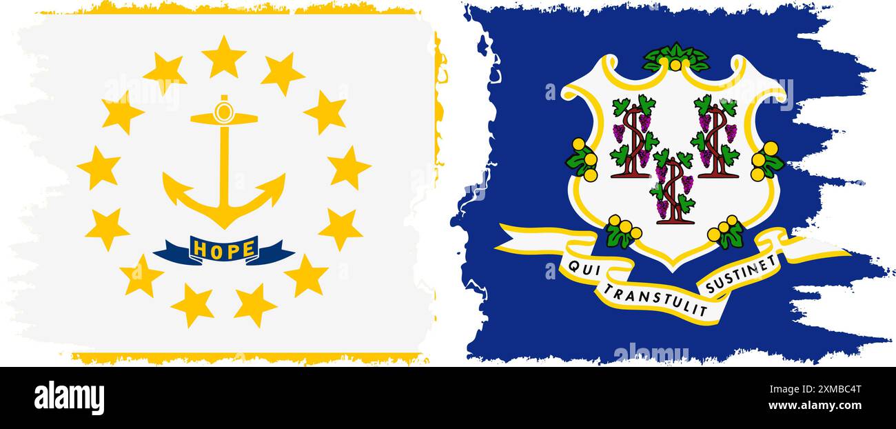 Connecticut and Rhode Island states grunge brush flags connection ...