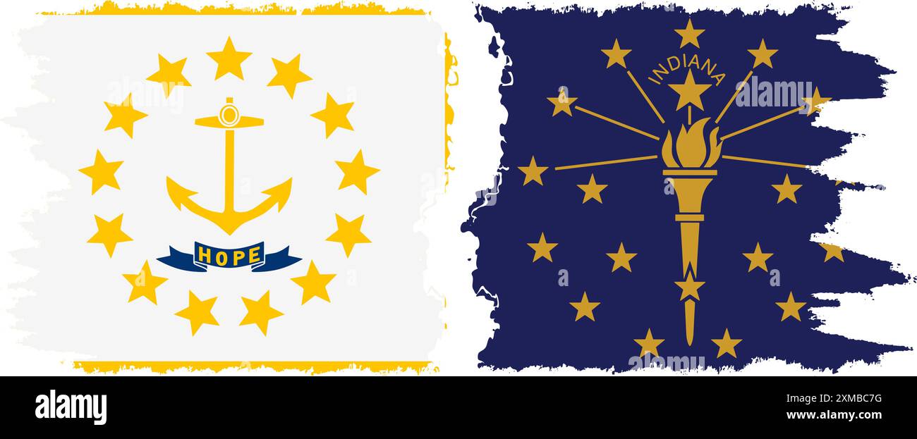 Indiana and Rhode Island states grunge brush flags connection, vector ...