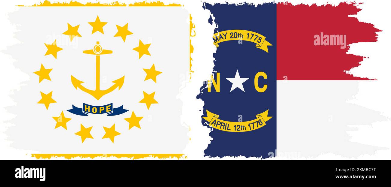 North Carolina and Rhode Island states grunge brush flags connection ...
