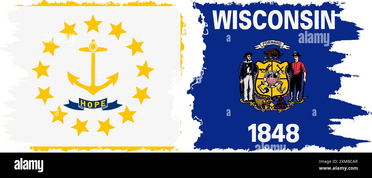 Wisconsin and Rhode Island states grunge brush flags connection, vector ...