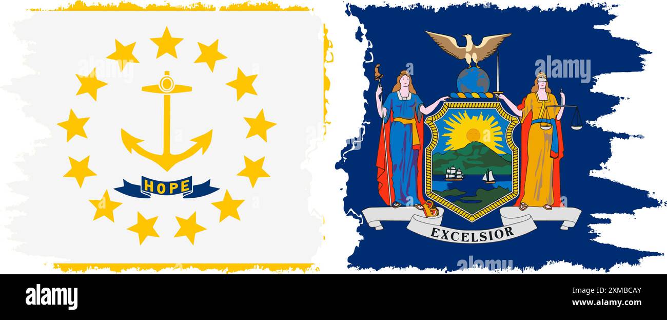 New York and Rhode Island states grunge brush flags connection, vector ...