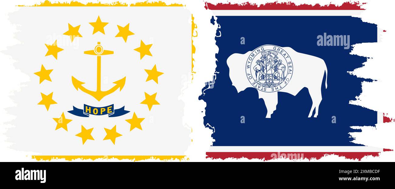 Wyoming and Rhode Island states grunge brush flags connection, vector ...