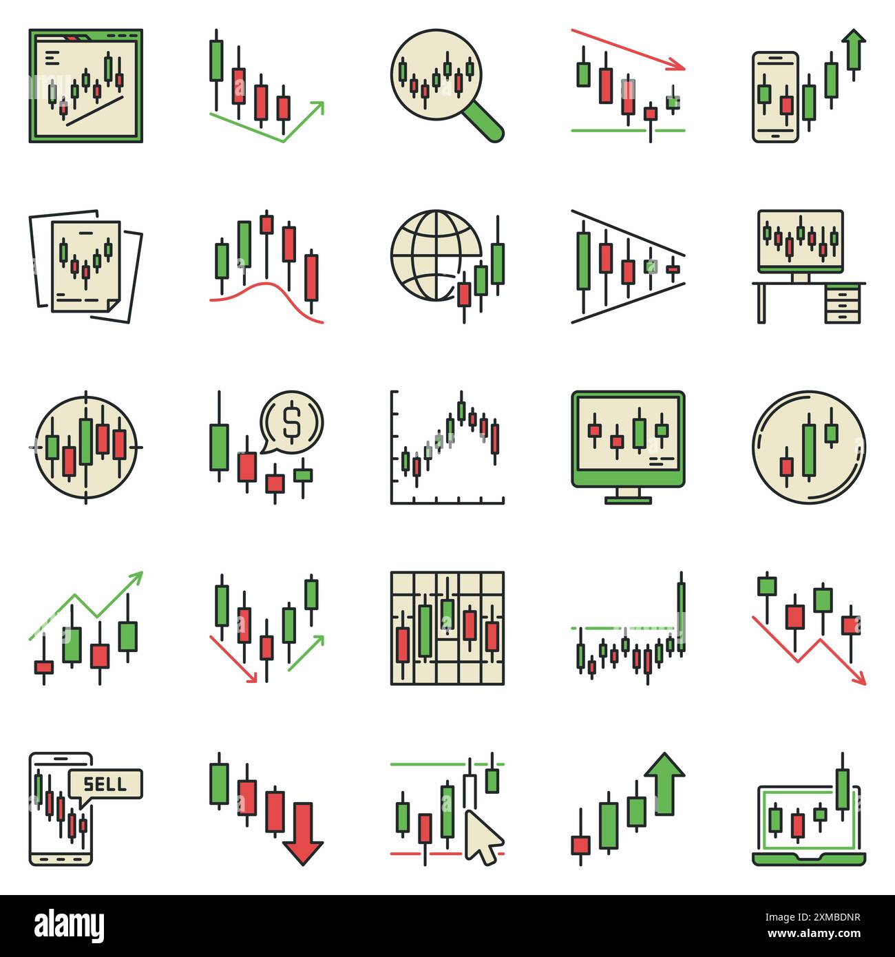 Candlestick Chart colored icons set. Crypto and Stock Trading and ...